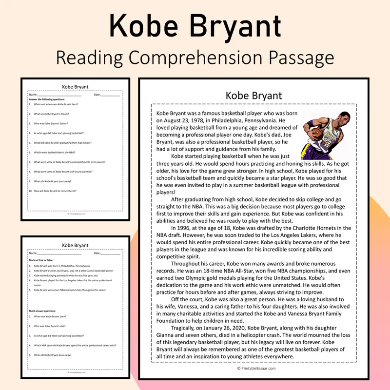 Kobe Bryant | Reading Comprehension Passage Printable Activity — Free ...