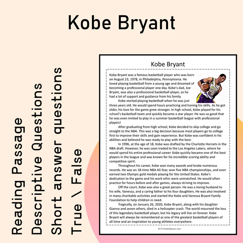 Kobe Bryant | Reading Comprehension Passage Printable Activity — Free ...