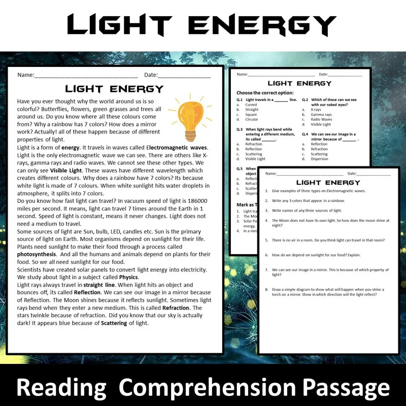 Light Energy Reading Comprehension Passage and Questions — Free ...