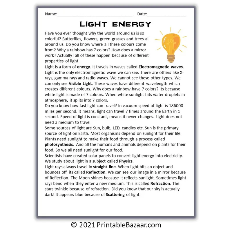 Light Energy Reading Comprehension Passage and Questions — Free ...