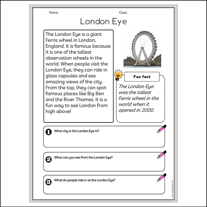 London Eye | Reading Passage Comprehension Questions Writing Facts ...