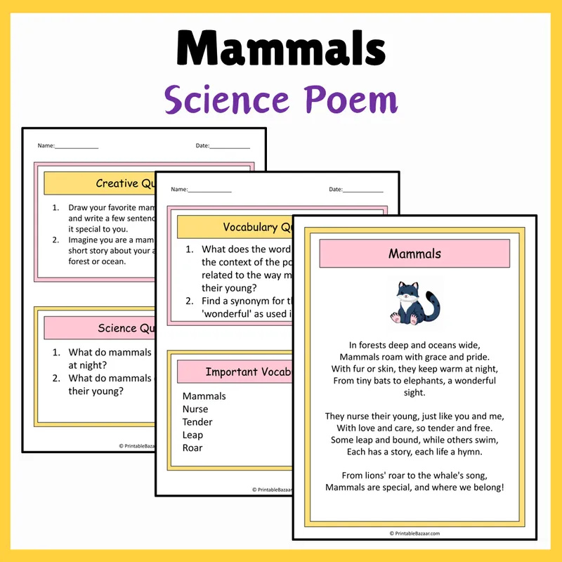 Mammals | Science Poem Reading Comprehension Activity — Free printable ...