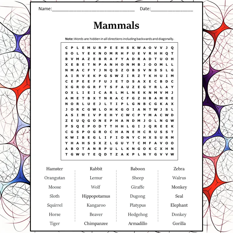 Mammals Word Search Puzzle Worksheet Activity PDF — Free printable PDF ...