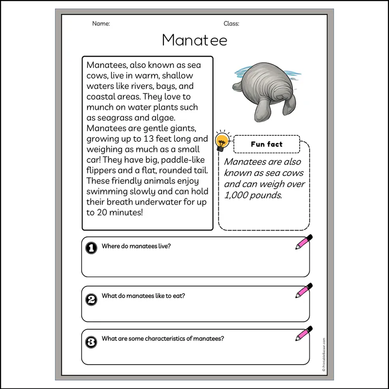 Manatee | Reading Passage Comprehension Questions Writing Facts ...