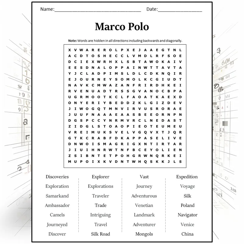 Marco Polo Word Search Puzzle Worksheet Activity PDF — Free printable ...