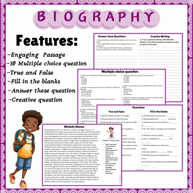 Michelle Obama | Biography Reading Comprehension and Questions ...