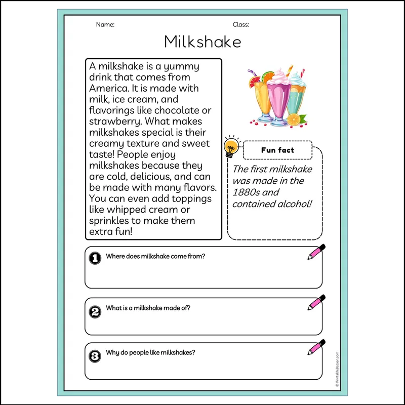 Milkshake | Reading Passage Comprehension Questions Writing Facts ...