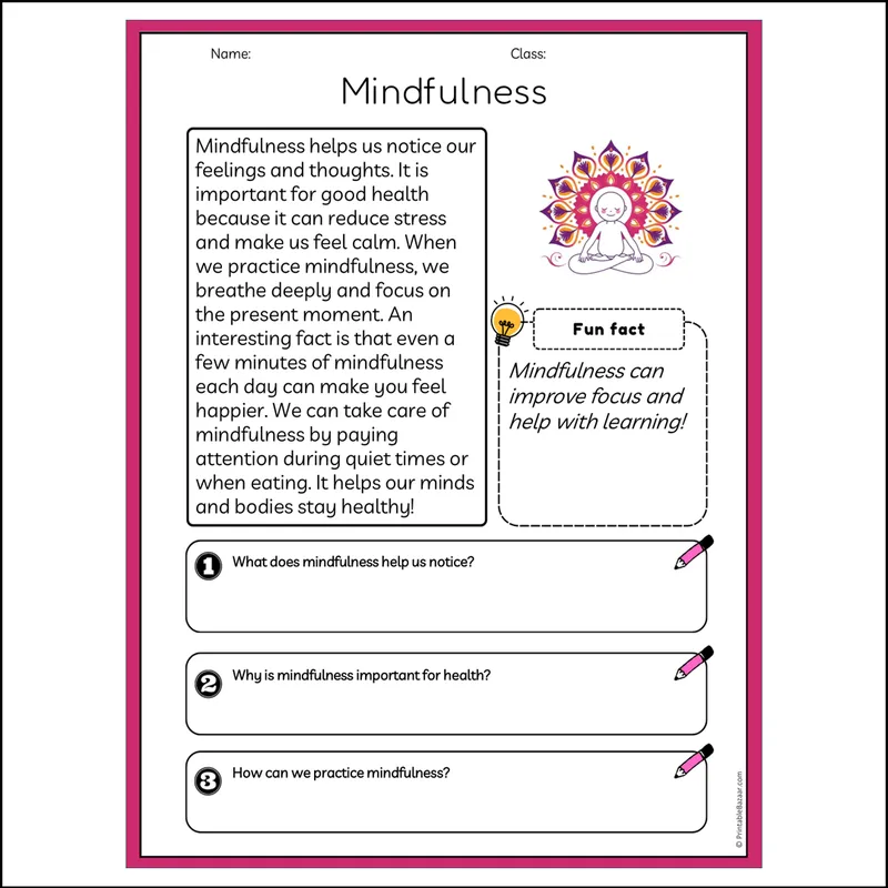 Mindfulness | Reading Passage Comprehension Questions Writing Facts ...