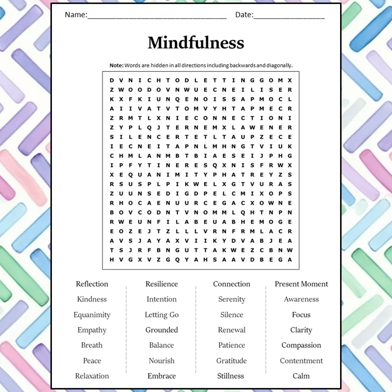 Mindfulness Word Search Puzzle Worksheet Activity PDF — Free printable ...