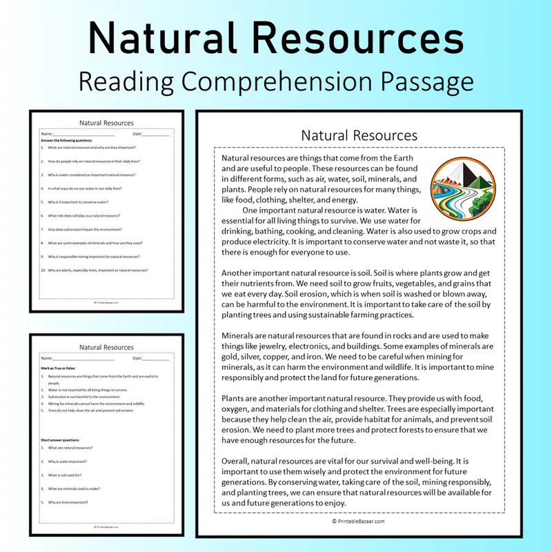 Natural Resources | Reading Comprehension Passage Printable Worksheet ...