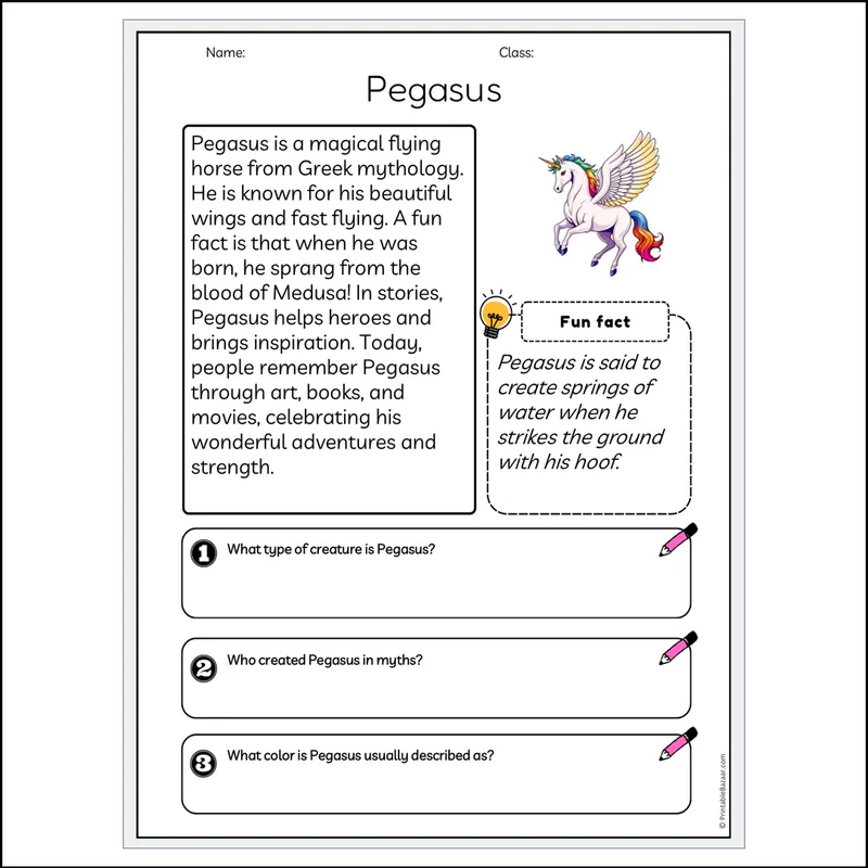 Preview of Pegasus | Reading Passage Comprehension Questions Writing ...