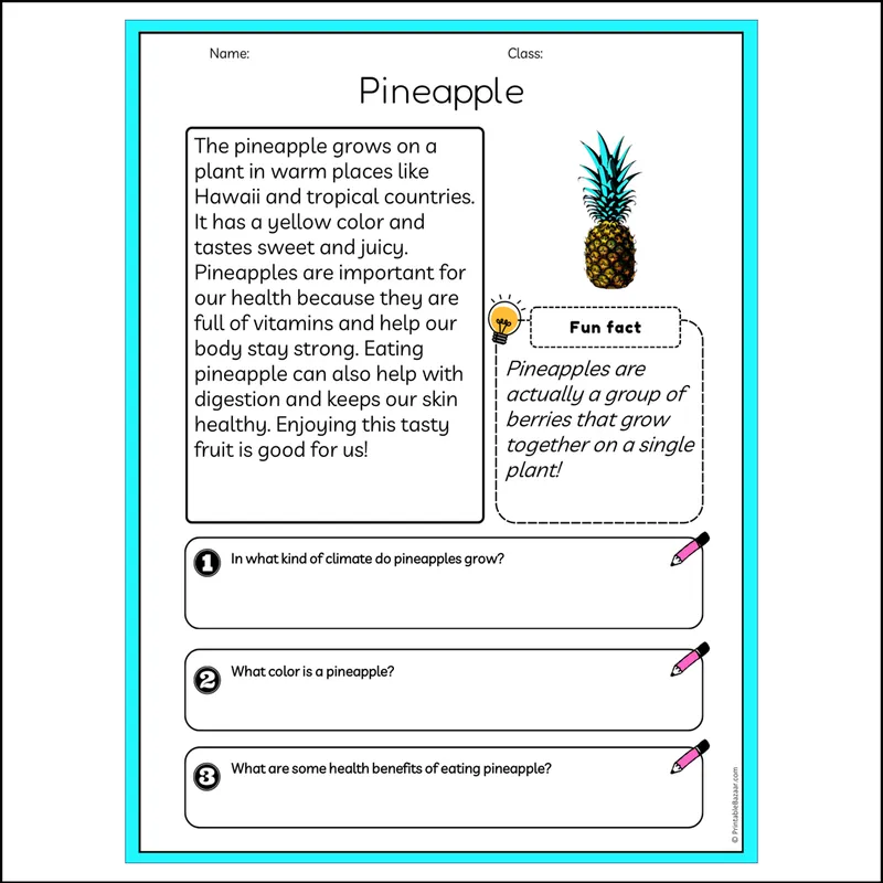 Pineapple | Reading Passage Comprehension Questions Writing Facts ...
