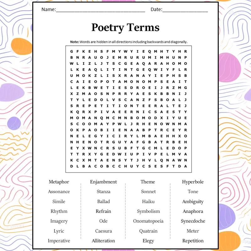 Poetry Terms Word Search Puzzle Worksheet Activity PDF — Free printable ...