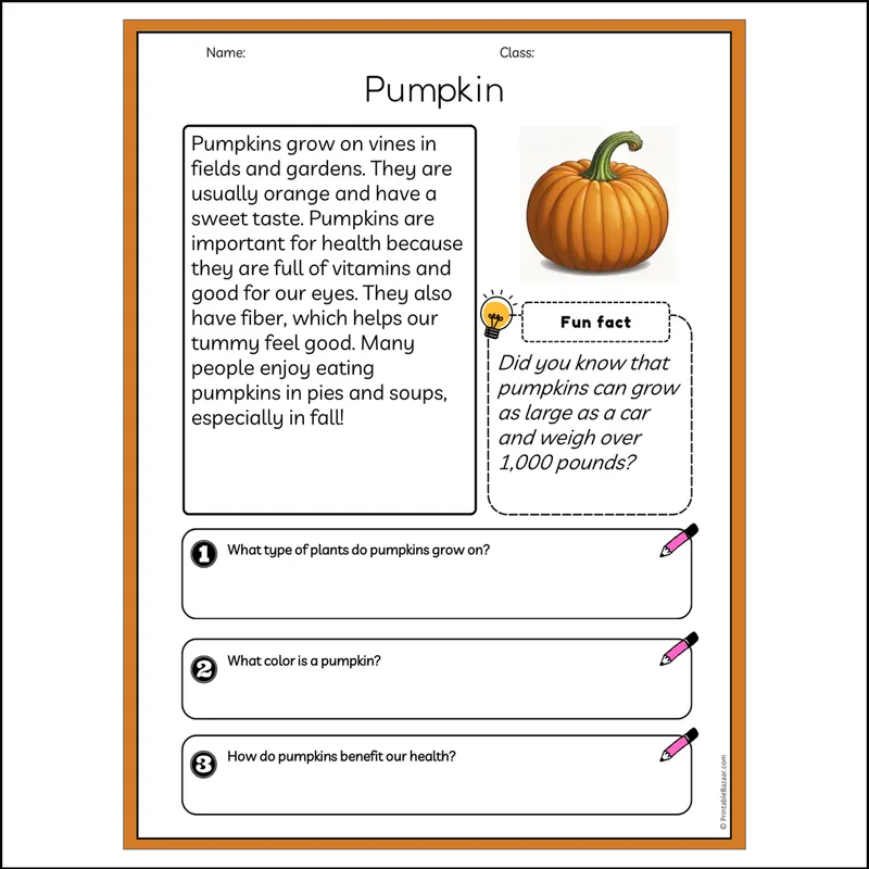 Pumpkin | Reading Passage Comprehension Questions Writing Facts ...
