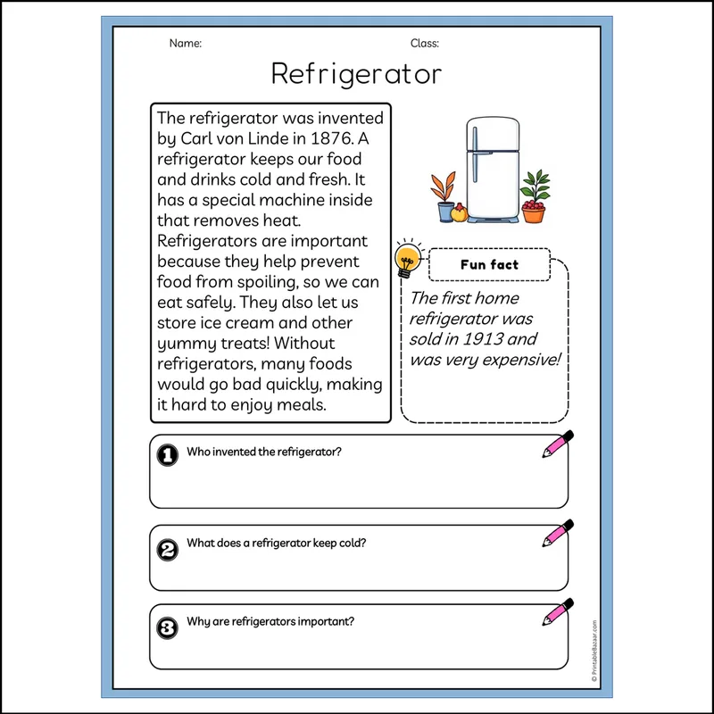 Refrigerator | Reading Passage Comprehension Questions Writing Facts ...