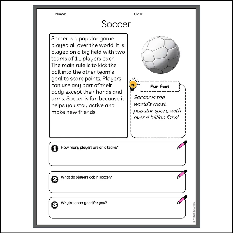 Soccer | Reading Passage Comprehension Questions Writing Facts ...