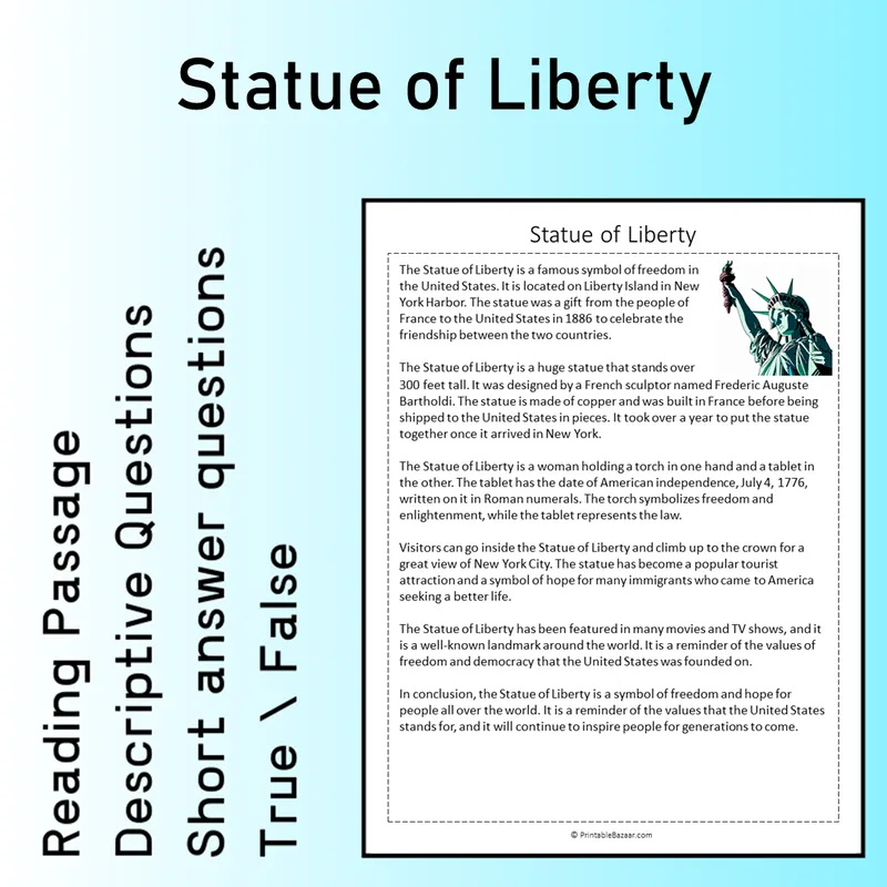 Statue of Liberty | Reading Comprehension Passage Printable Worksheet ...