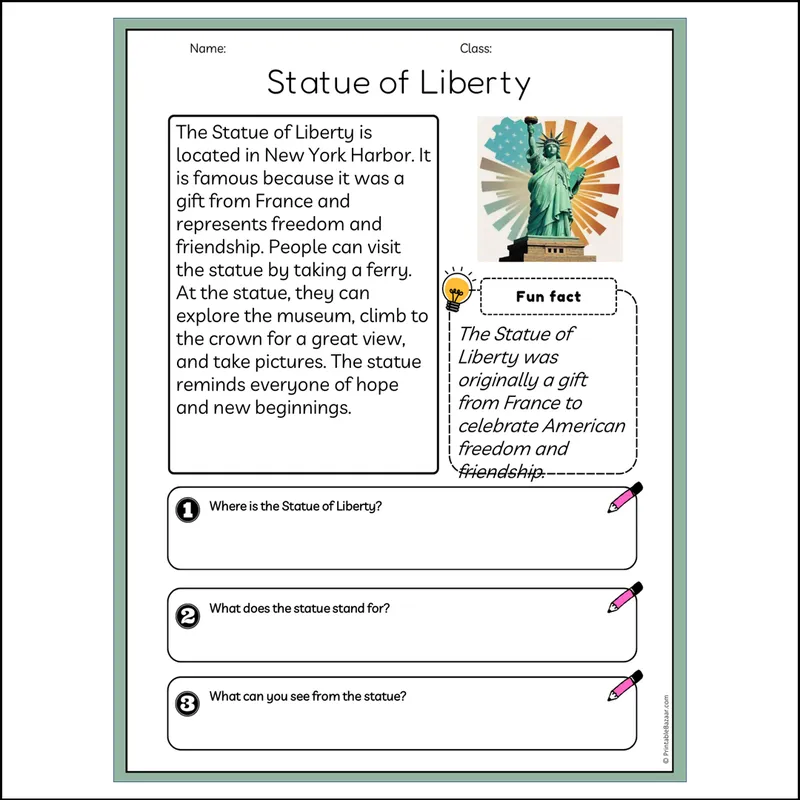 Statue of Liberty | Reading Passage Comprehension Questions Writing ...