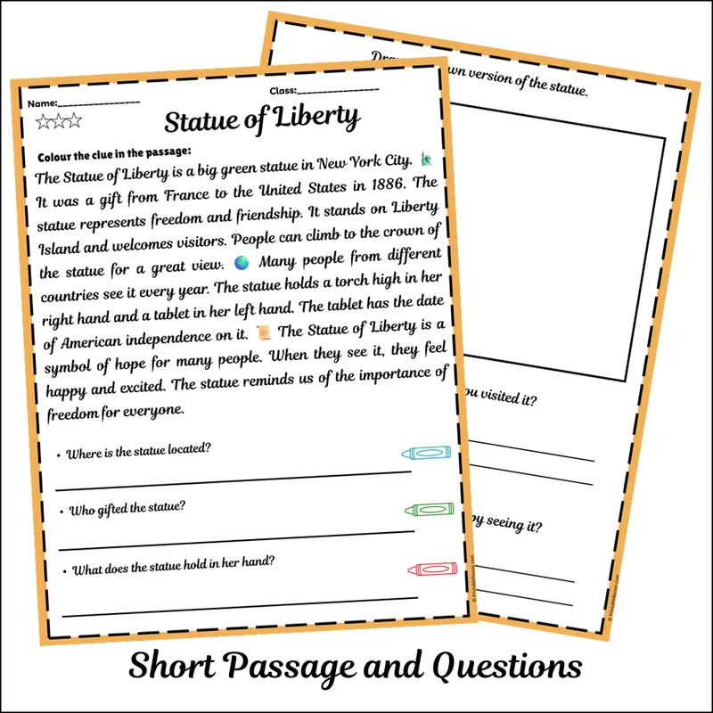 Statue of Liberty | Short Reading Comprehension Creative Worksheet ...