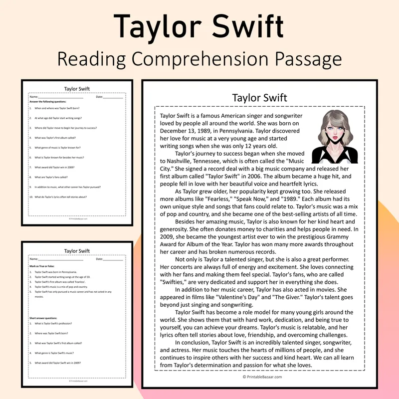 Preview of Taylor Swift | Reading Comprehension Passage Printable ...
