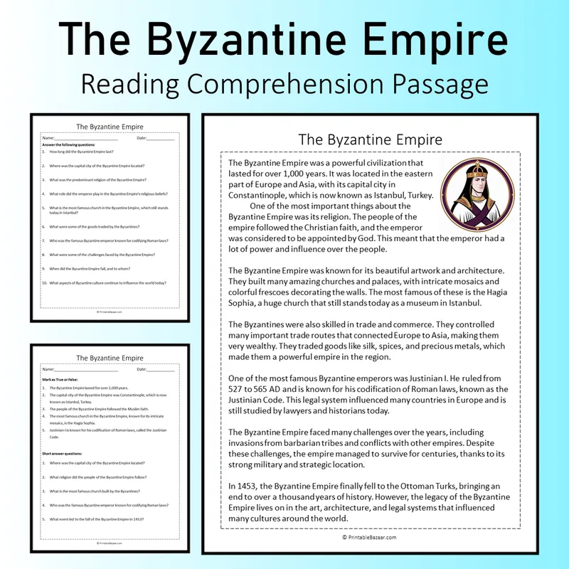 The Byzantine Empire | Reading Comprehension Passage and Questions ...