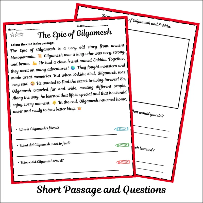 The Epic of Gilgamesh | Short Reading Comprehension Creative Worksheet ...