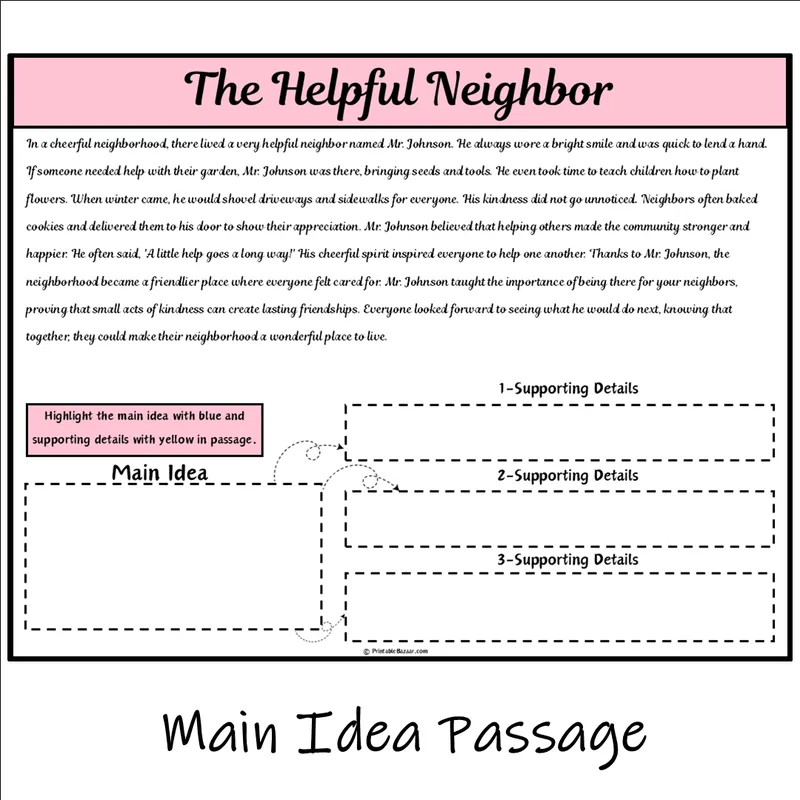 The Helpful Neighbor | Main Idea and Supporting Details Reading Passage ...