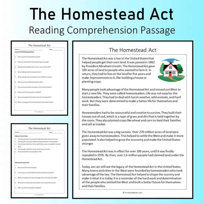 The Homestead Act | Reading Comprehension Passage Printable Worksheet ...