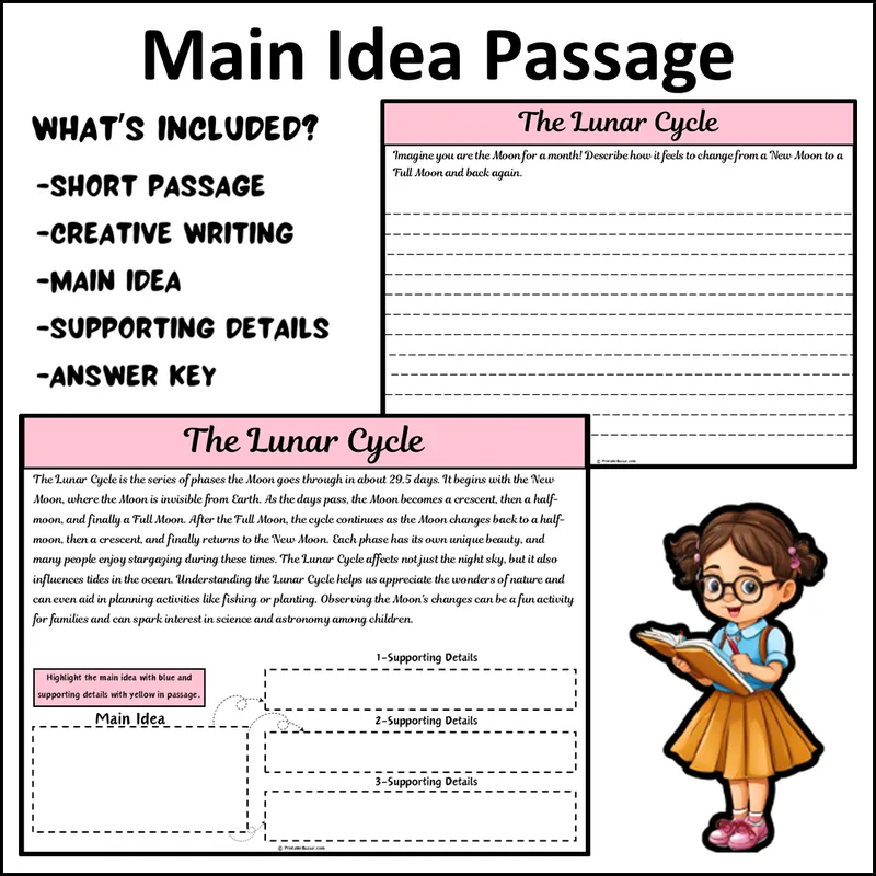 The Lunar Cycle | Main Idea and Supporting Details Reading Passage and ...