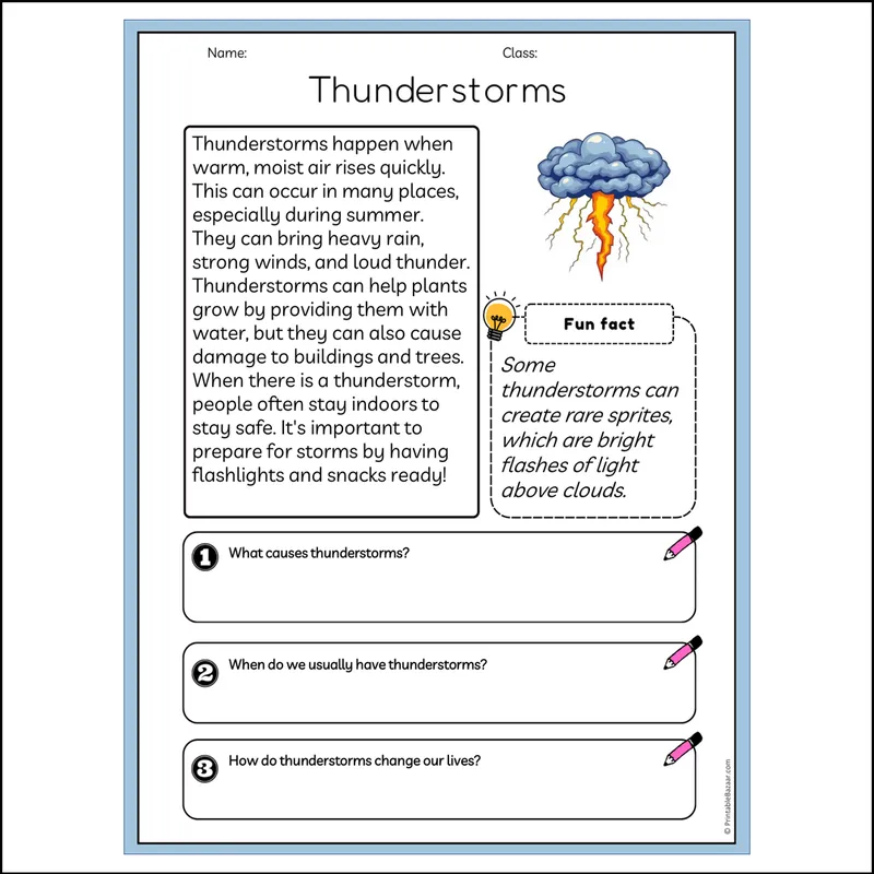 Thunderstorms | Reading Passage Comprehension Questions Writing Facts ...