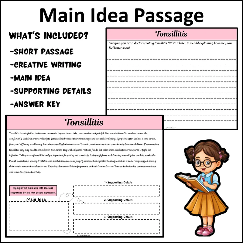 Tonsillitis | Main Idea and Supporting Details Reading Passage and ...