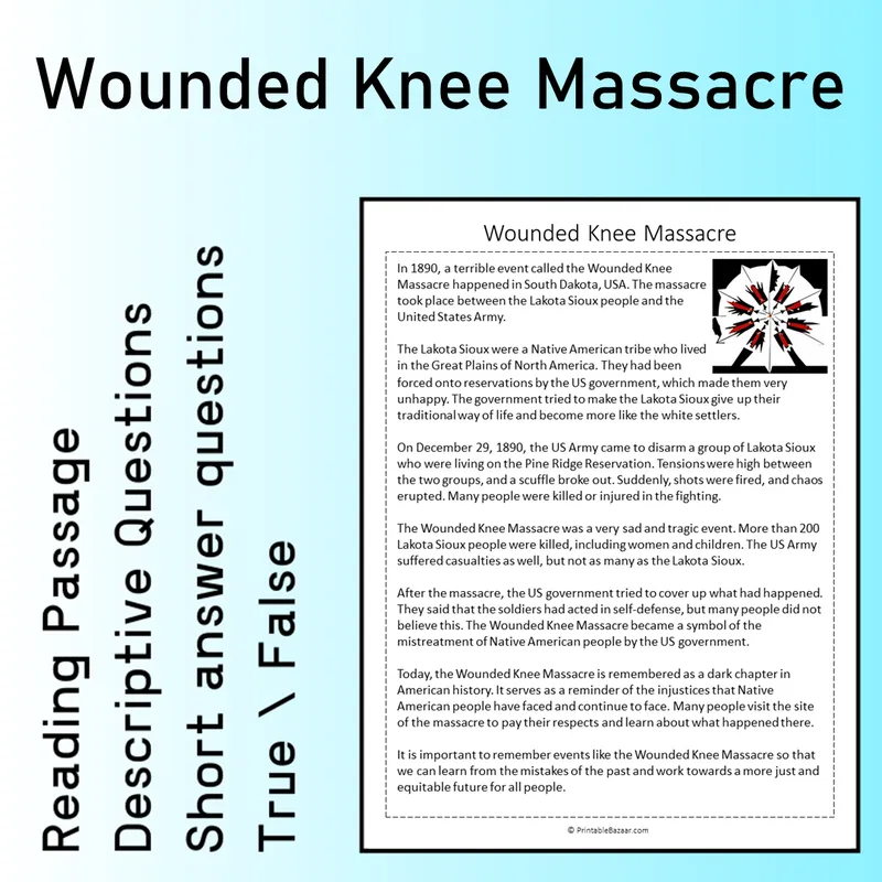 Wounded Knee Massacre | Reading Comprehension Passage Printable ...
