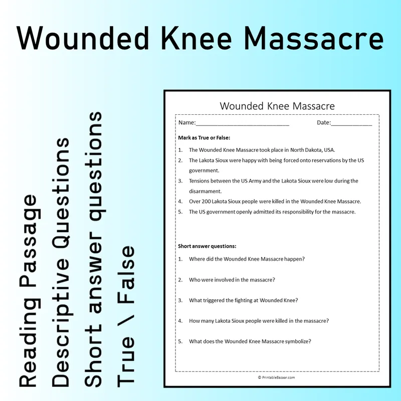 Wounded Knee Massacre | Reading Comprehension Passage Printable ...